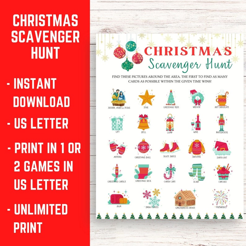 Printable Christmas Scavenger Hunt Christmas Party Game Treasure Hunt ...