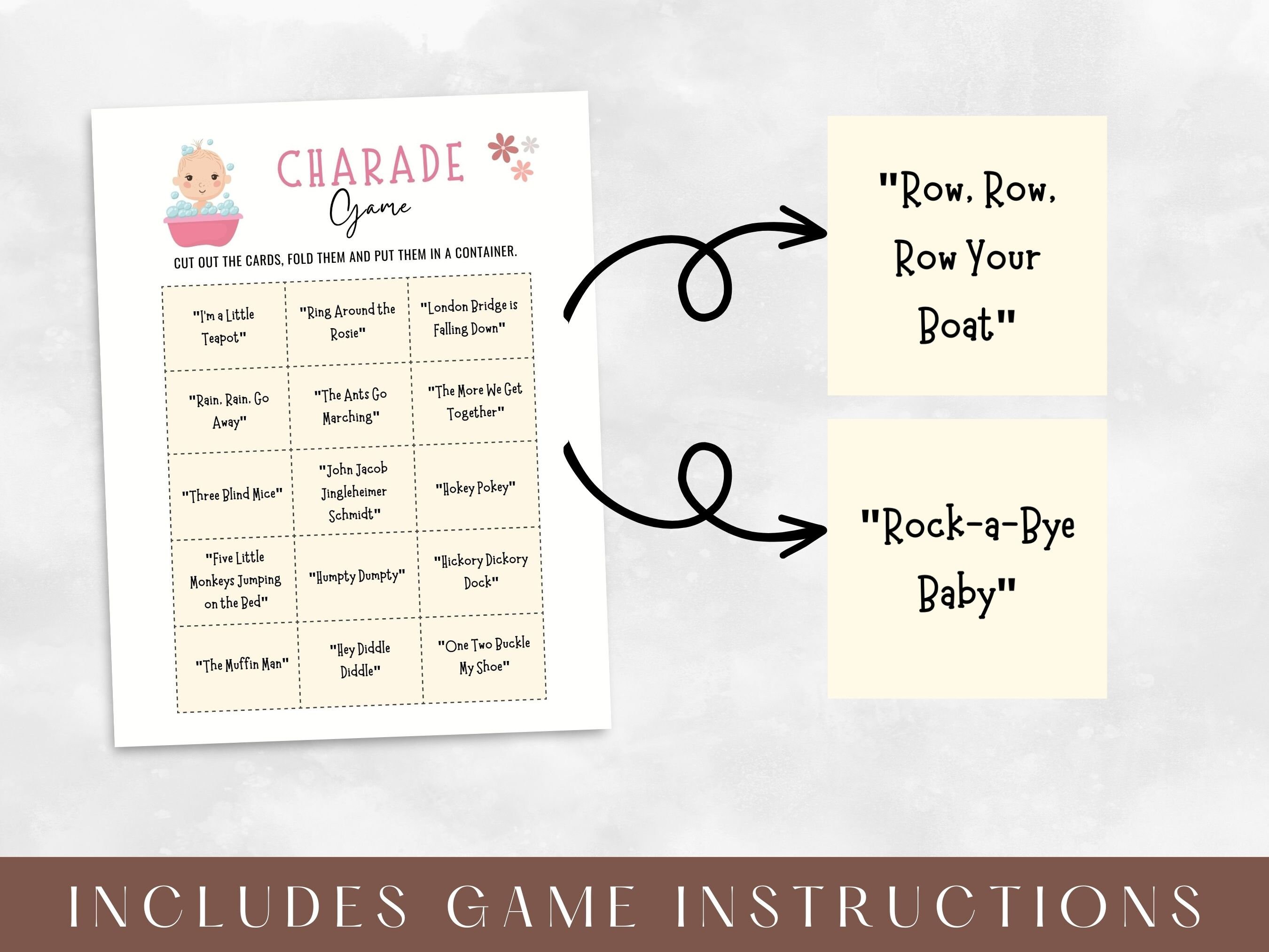 Baby Shower Nursery Rhyme Charades Game | Printable Charades Cards ...