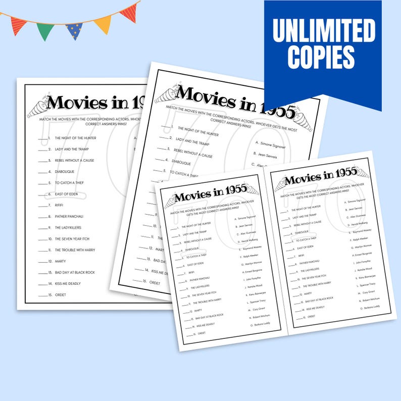 Movies in 1955 Trivia Game | Printable 70th Birthday Party Game | 70th ...