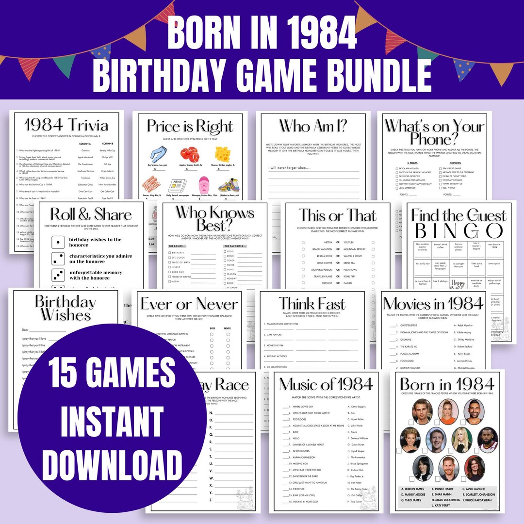 1984 Birthday Games Bundle Born in 1984 Game Printable 1984 Birthday ...