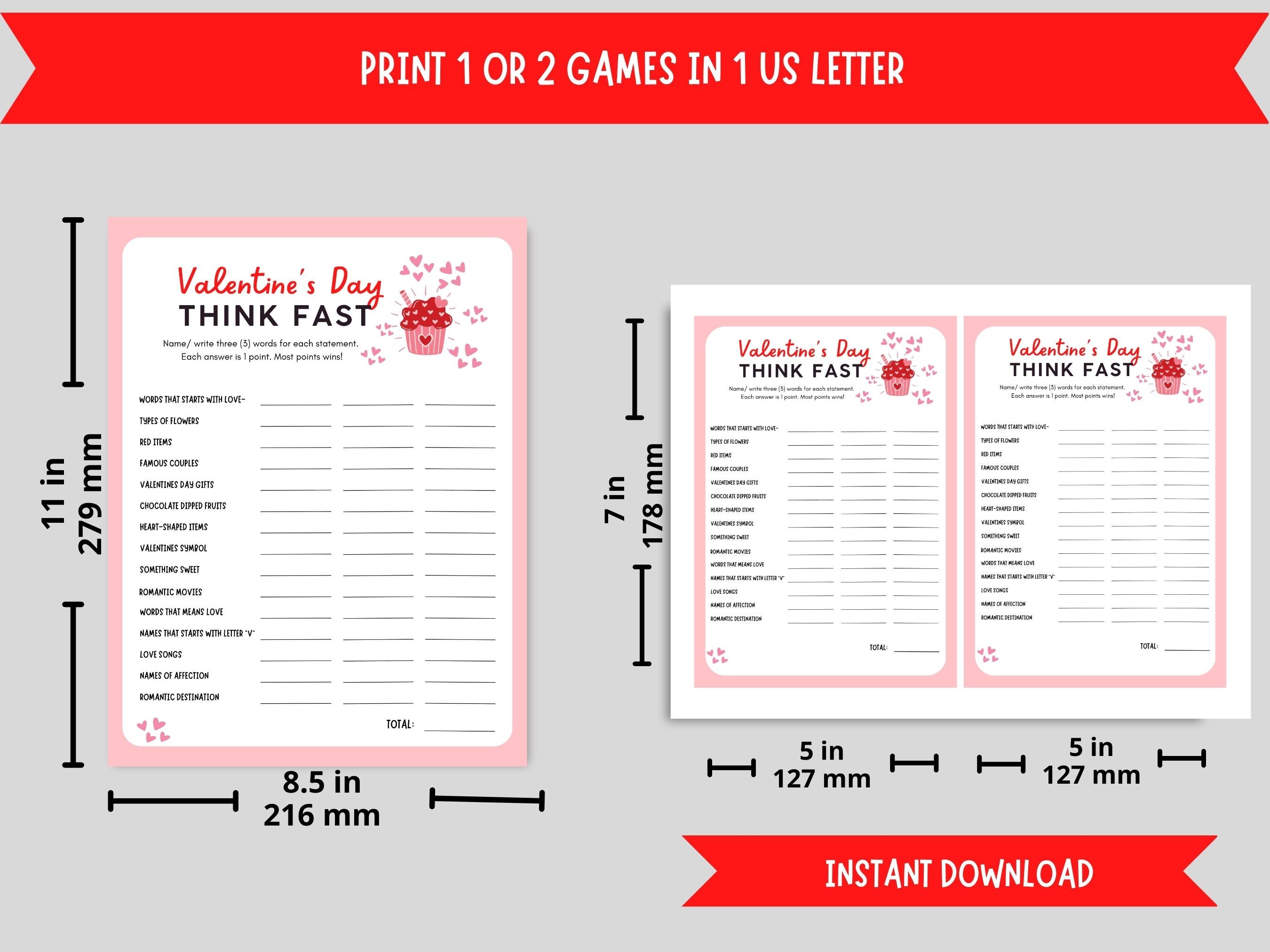Printable Valentine's Day Think Fast Game | Printable Valentine's Day ...