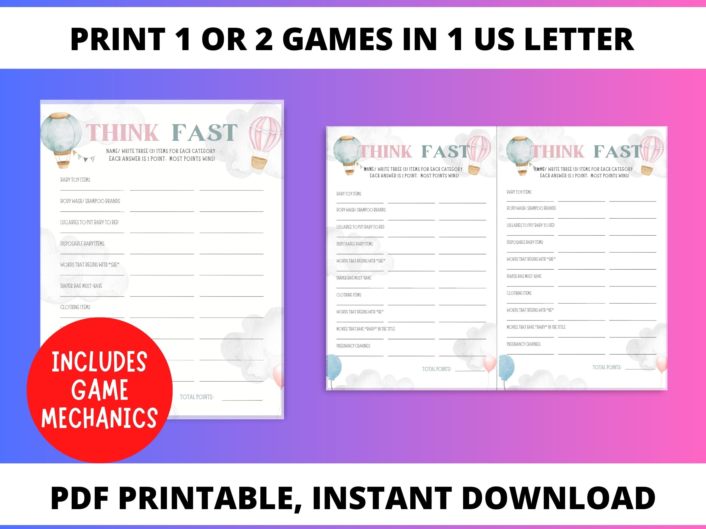 Think Fast Game Gender Reveal Printable Game Gender Reveal Party Game ...