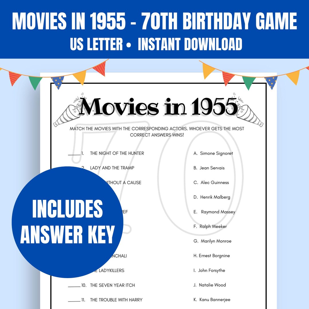 Movies in 1955 Trivia Game | Printable 70th Birthday Party Game | 70th ...