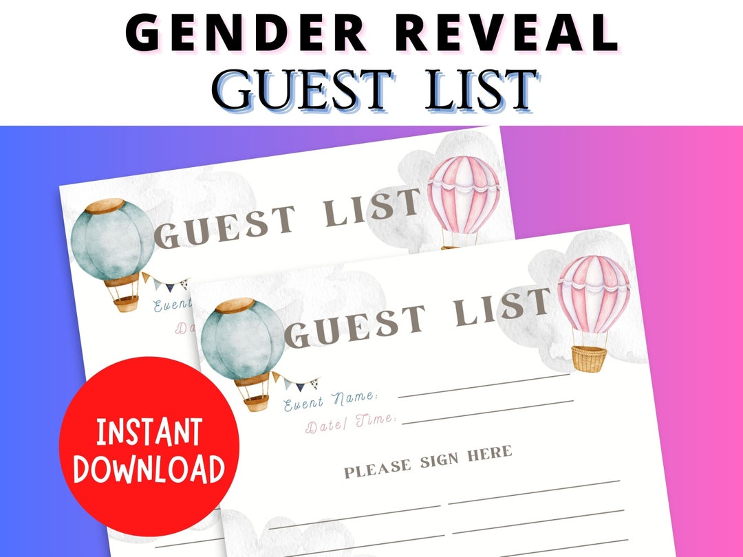 Gender Reveal Guest List Printable Guest List Sign in Sheet Guestbook ...
