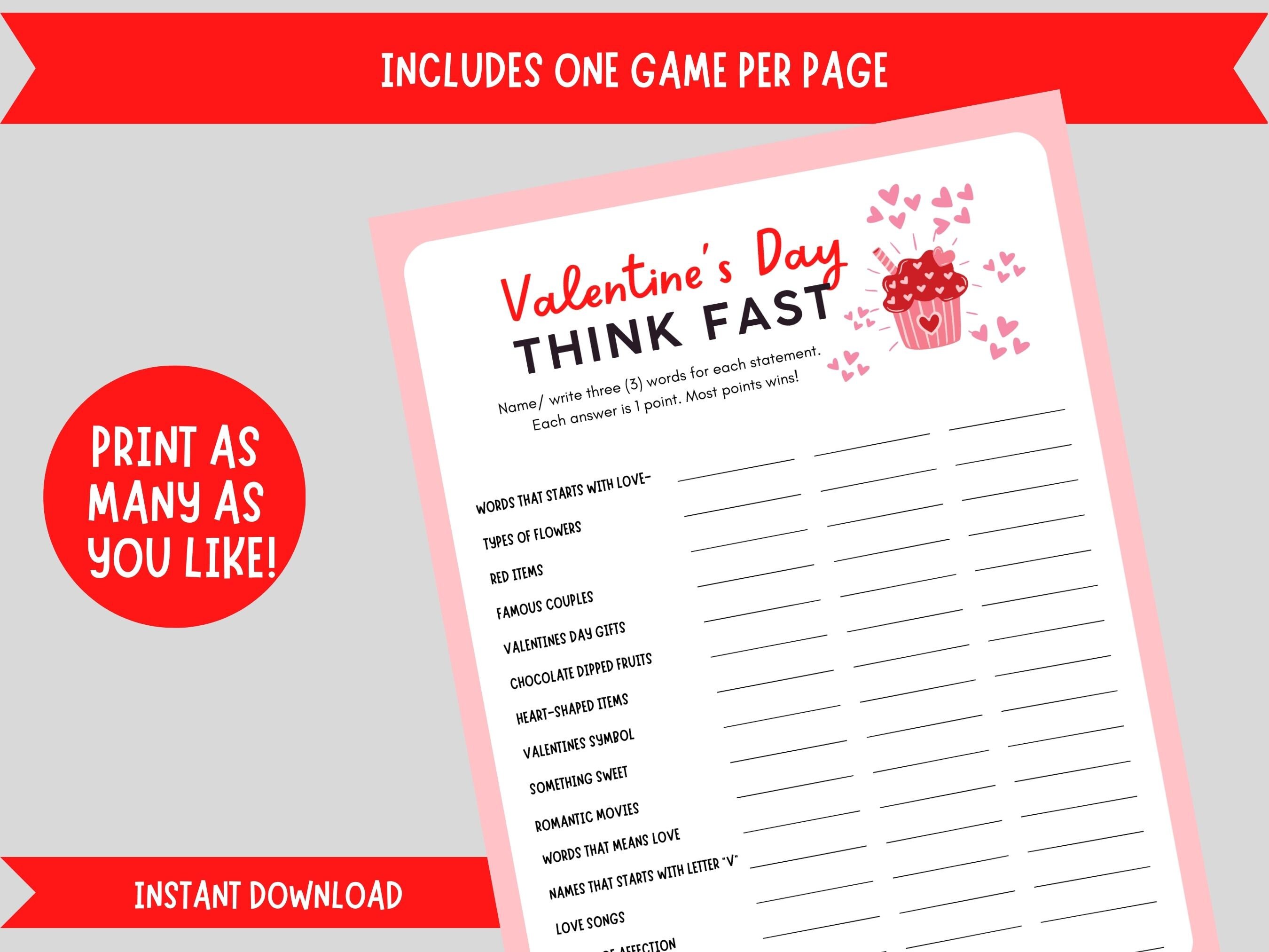 Printable Valentine's Day Think Fast Game | Printable Valentine's Day ...