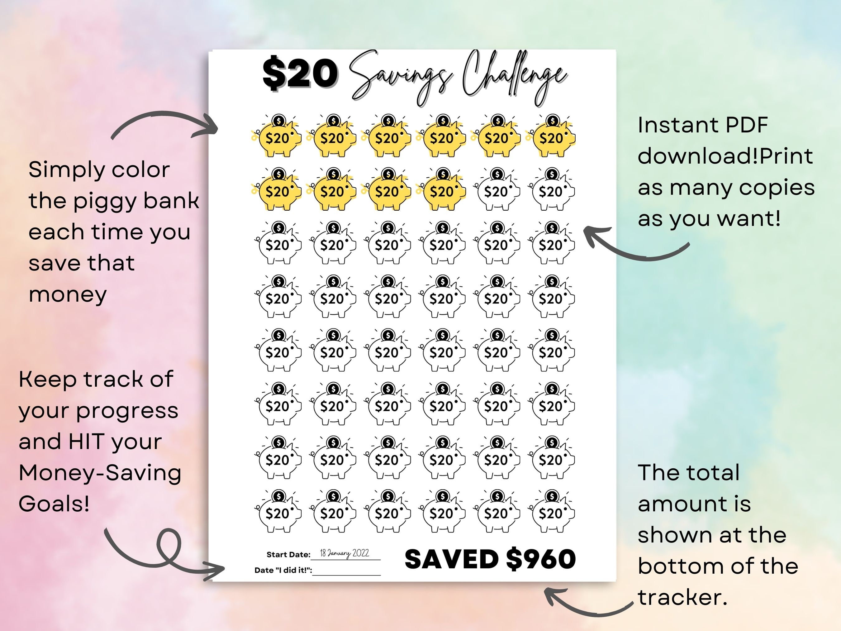 20-dollar Savings Challenge Printable Money Savings - Etsy