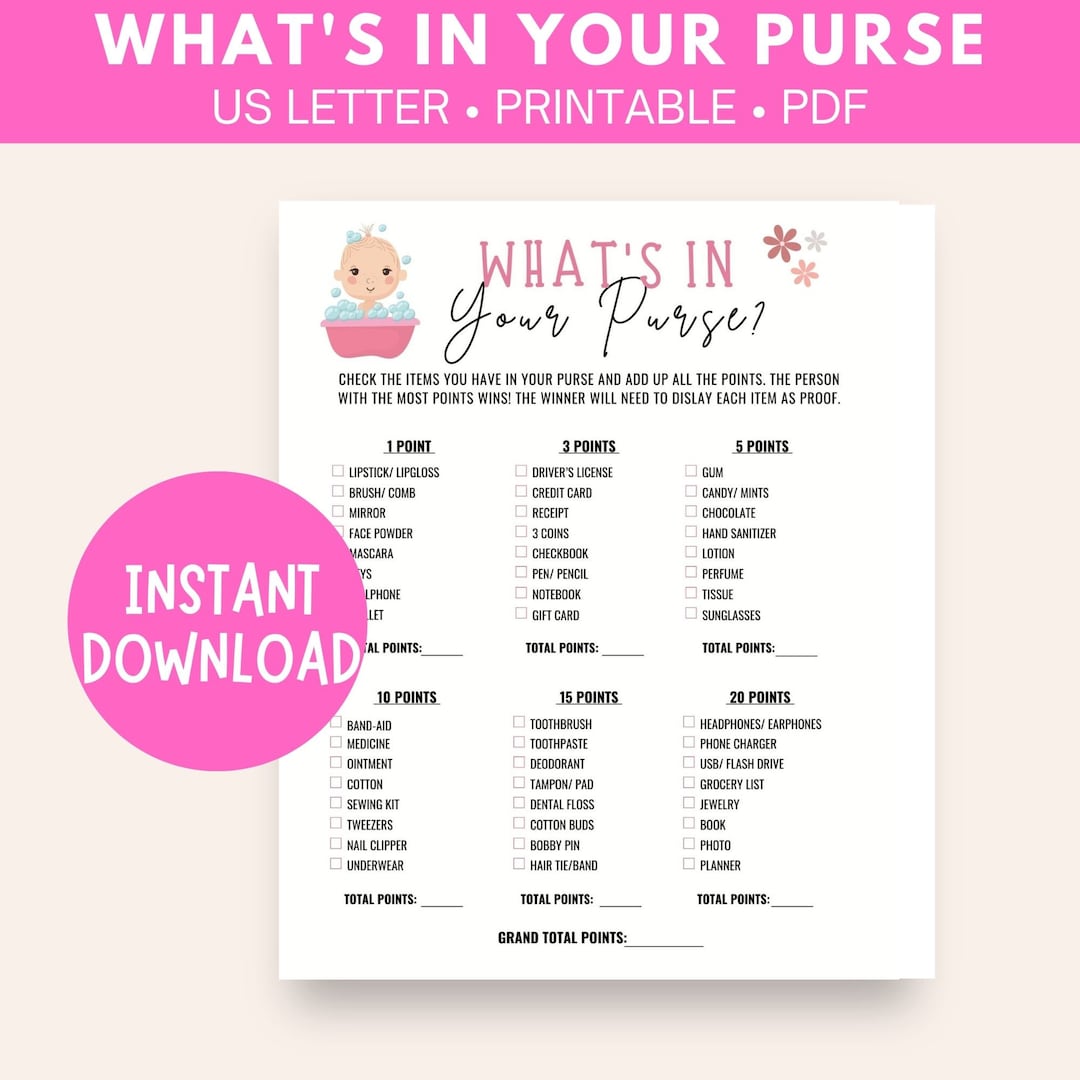 What's in Your Purse Game | Baby Shower Printable Game | Baby Shower ...