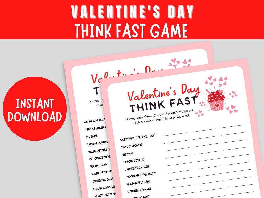 Printable Valentine's Day Think Fast Game | Printable Valentine's Day ...