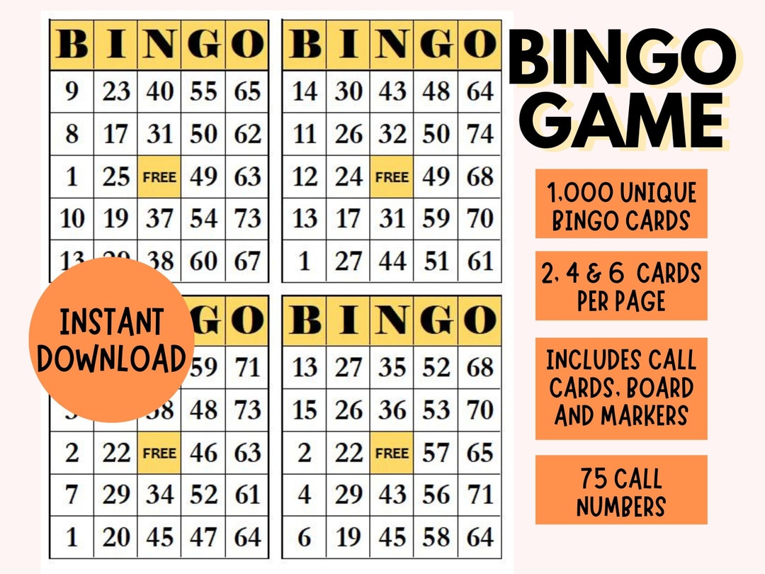 1000 Bingo Cards yellow-themed PDF Download 2, 4 & 6 Game per Page ...