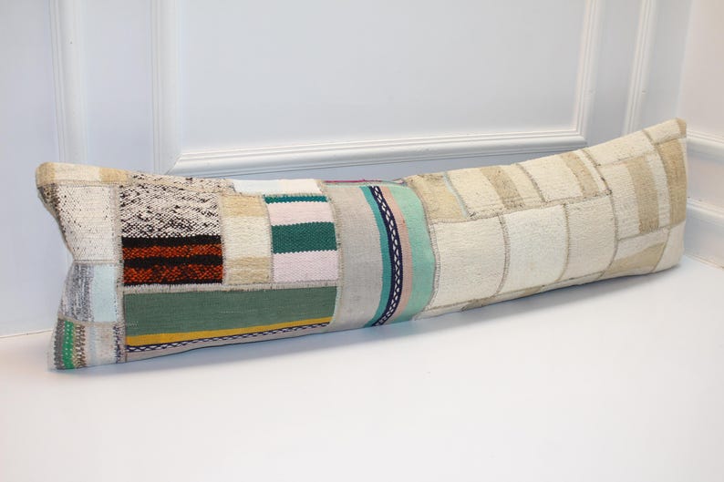 Neutral Patchwork Kilim Lumbar Pillow 12x48, Handwoven Textile Cushion ...
