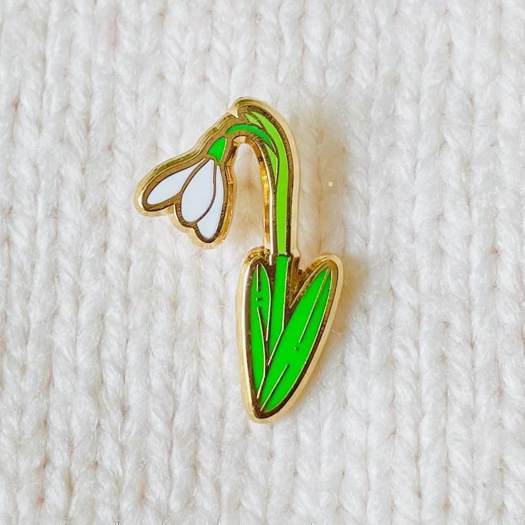 Snowdrop Mini Enamel Pin, Gold Floral Design (0.75in Lapel Badge ...