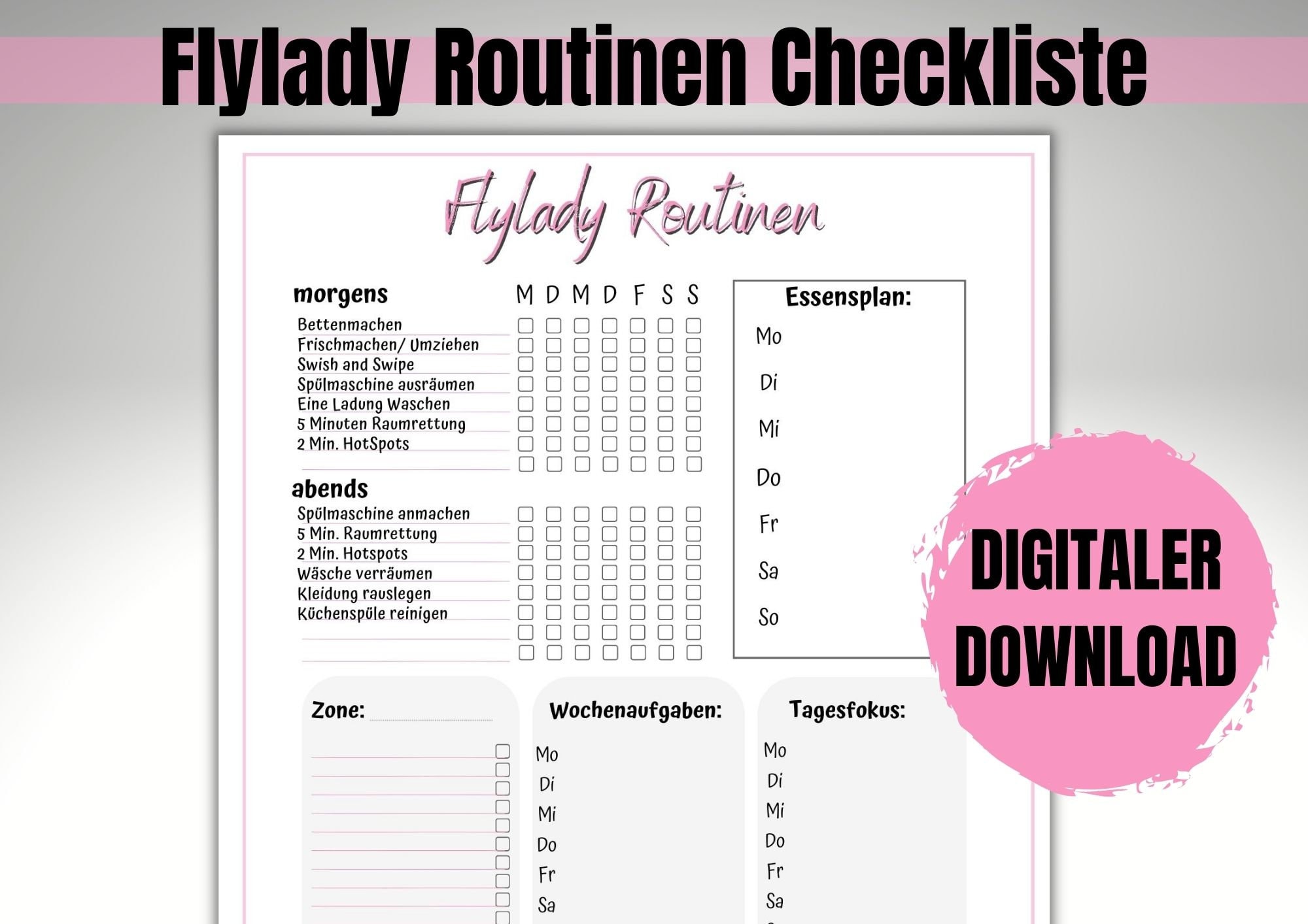 Flylady Routinen Checkliste, Wochenübersicht inkl. Essensplan ...