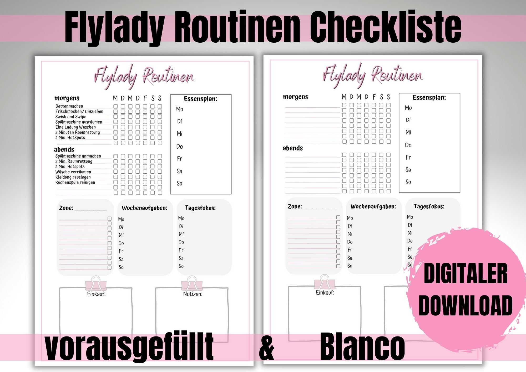 Flylady Routinen Checkliste, Wochenübersicht inkl. Essensplan ...