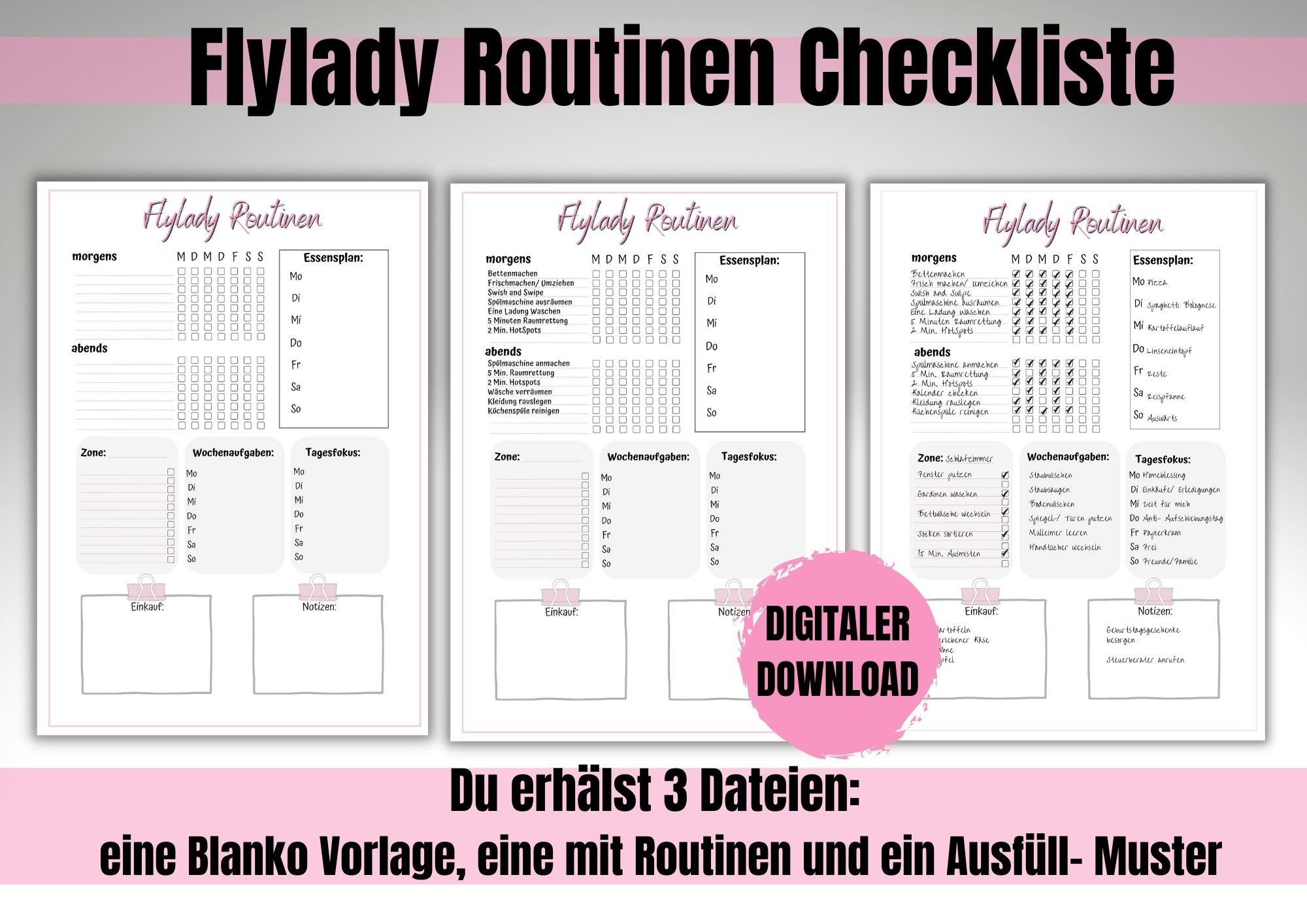 Flylady Routinen Checkliste, Wochenübersicht inkl. Essensplan ...