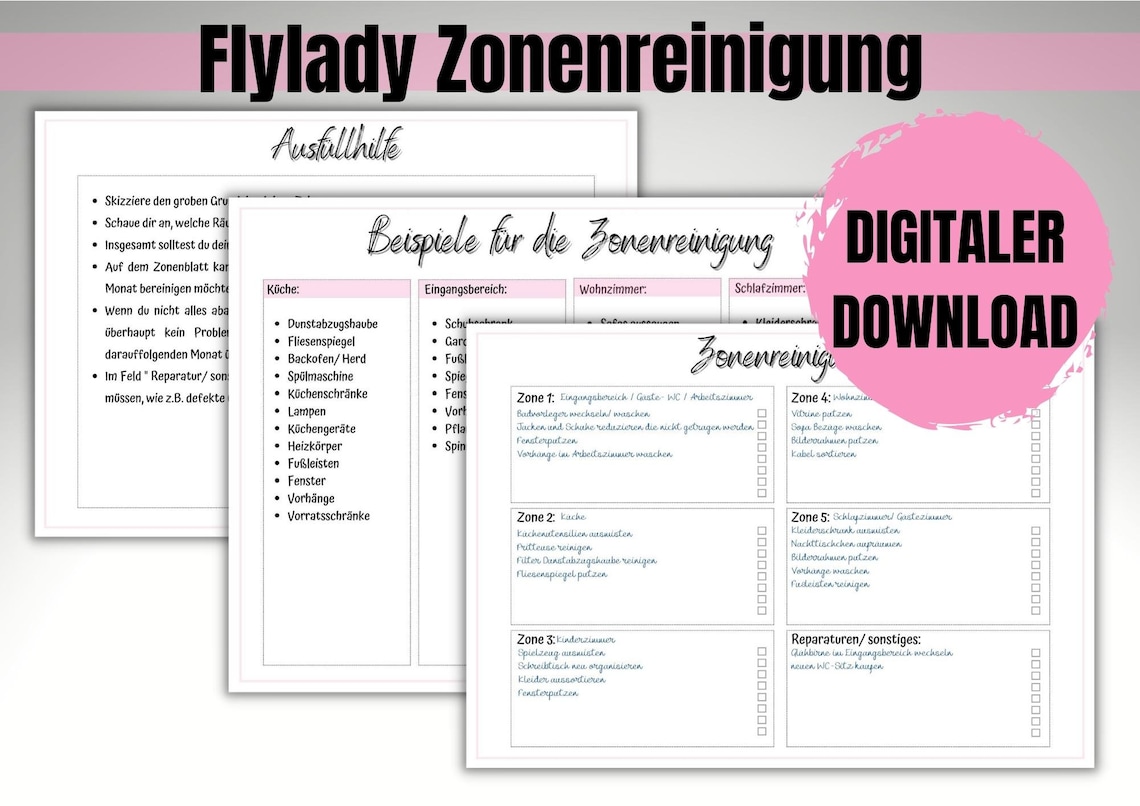 Flylady Checklisten, Zonenplan, Monatsübersicht, Hausaufgaben, Ausfüll ...