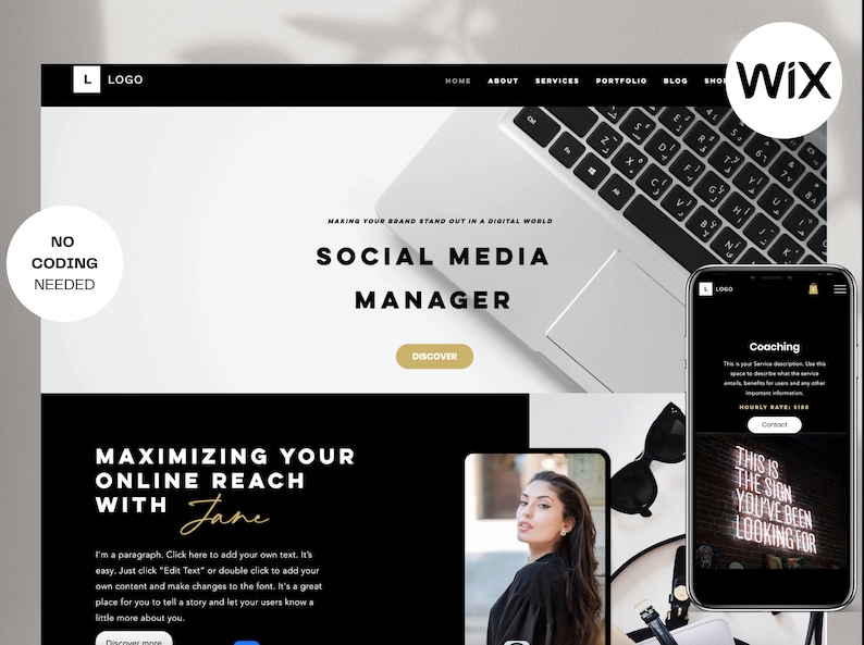 Wix Website Template, Social Media Manager, Website Design, Creative Wix Layout, Ecommerce Blog ...
