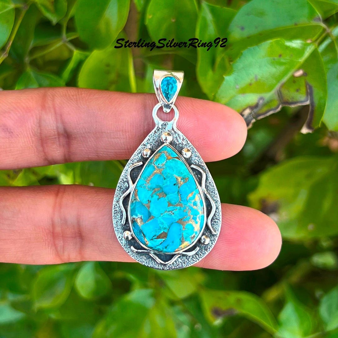 Handcrafted Blue Copper Turquoise Pendant: 925 Sterling Silver Drop ...