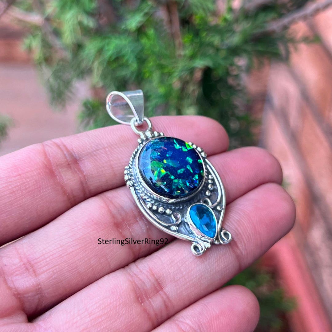 Australian Opal & Blue Topaz Necklace: Handmade Sterling Silver Pendant ...