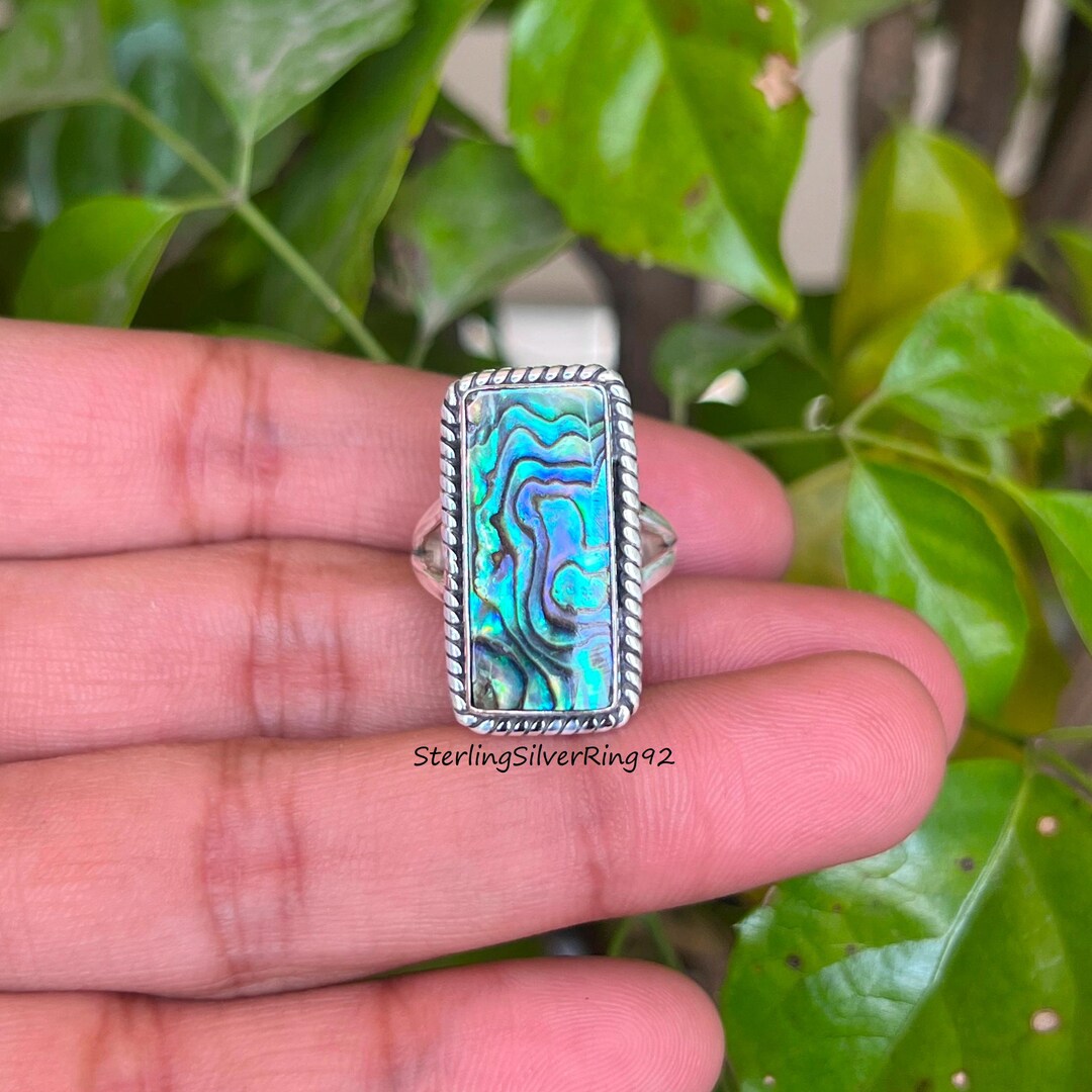 Dainty Rectangle Cut Abalone Shell in Sterling Silver 925 Ring ...