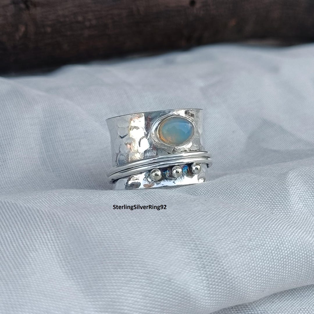 Handmade Opal Sterling Silver Spinner Ring: Hammered Fidget Band - Etsy