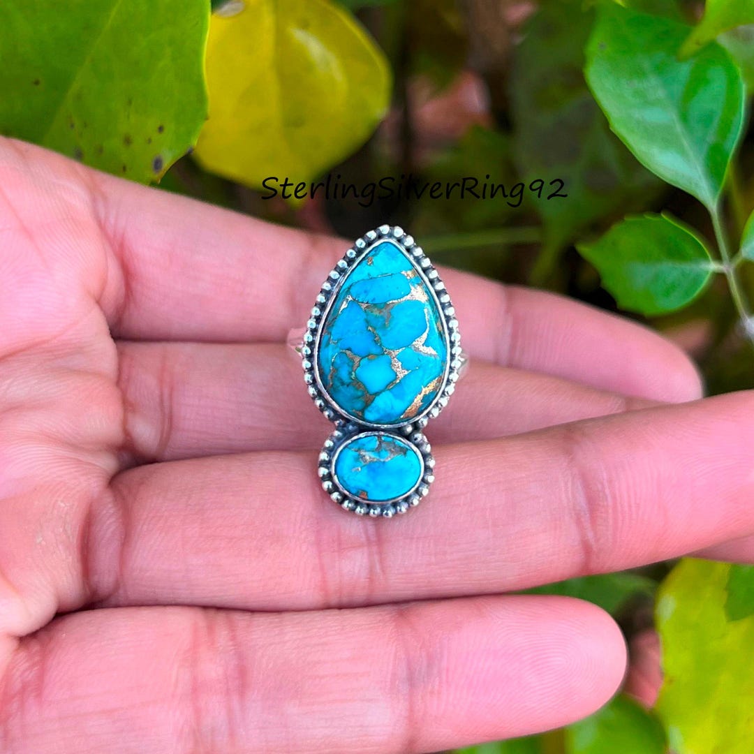 Dainty Drop Cut Blue Copper Turquoise Ring~ Oval Cut Ring~ 925 Sterling ...