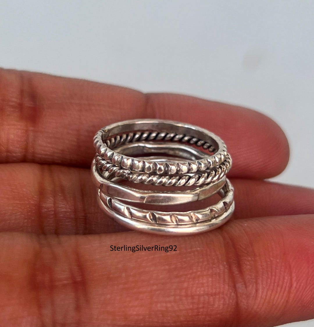 Sterling Silver Stackable Ring Set: Dainty Hammered Twisted Band Rings ...
