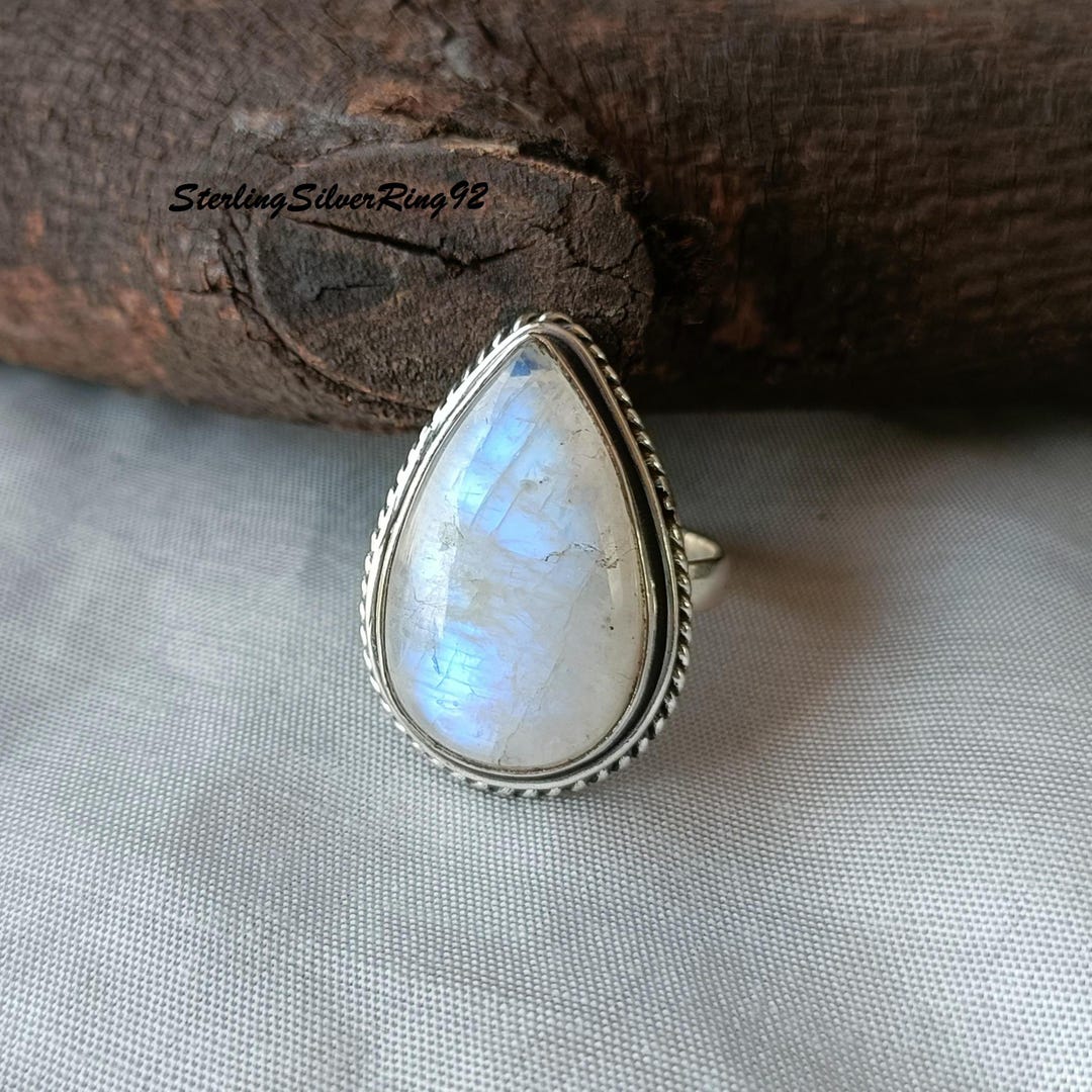 Pear Moonstone Statement Ring: Handcrafted 925 Sterling Silver Band - Etsy