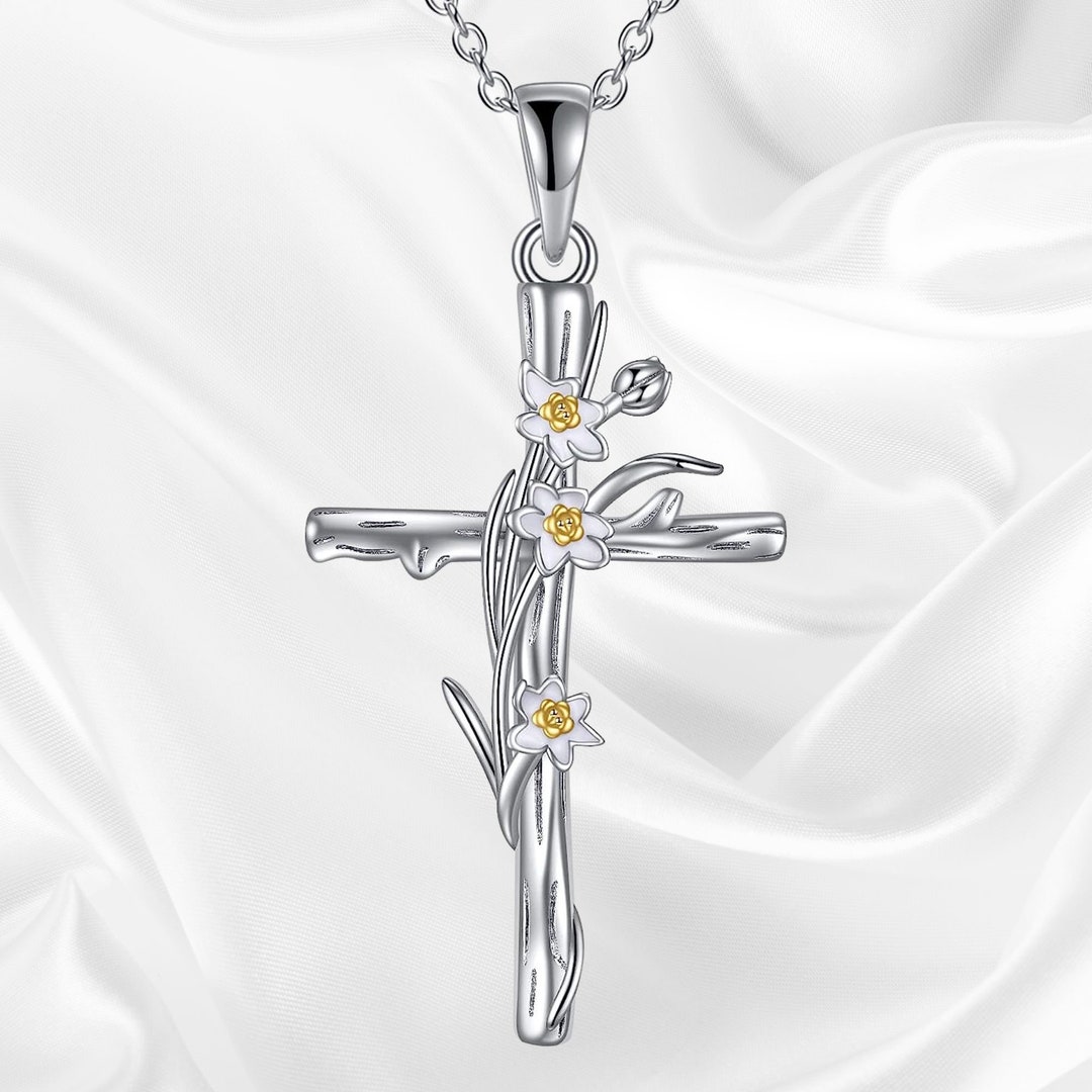 Women Cross Necklace Sterling Silver Daisy Flower Religious Cross ...