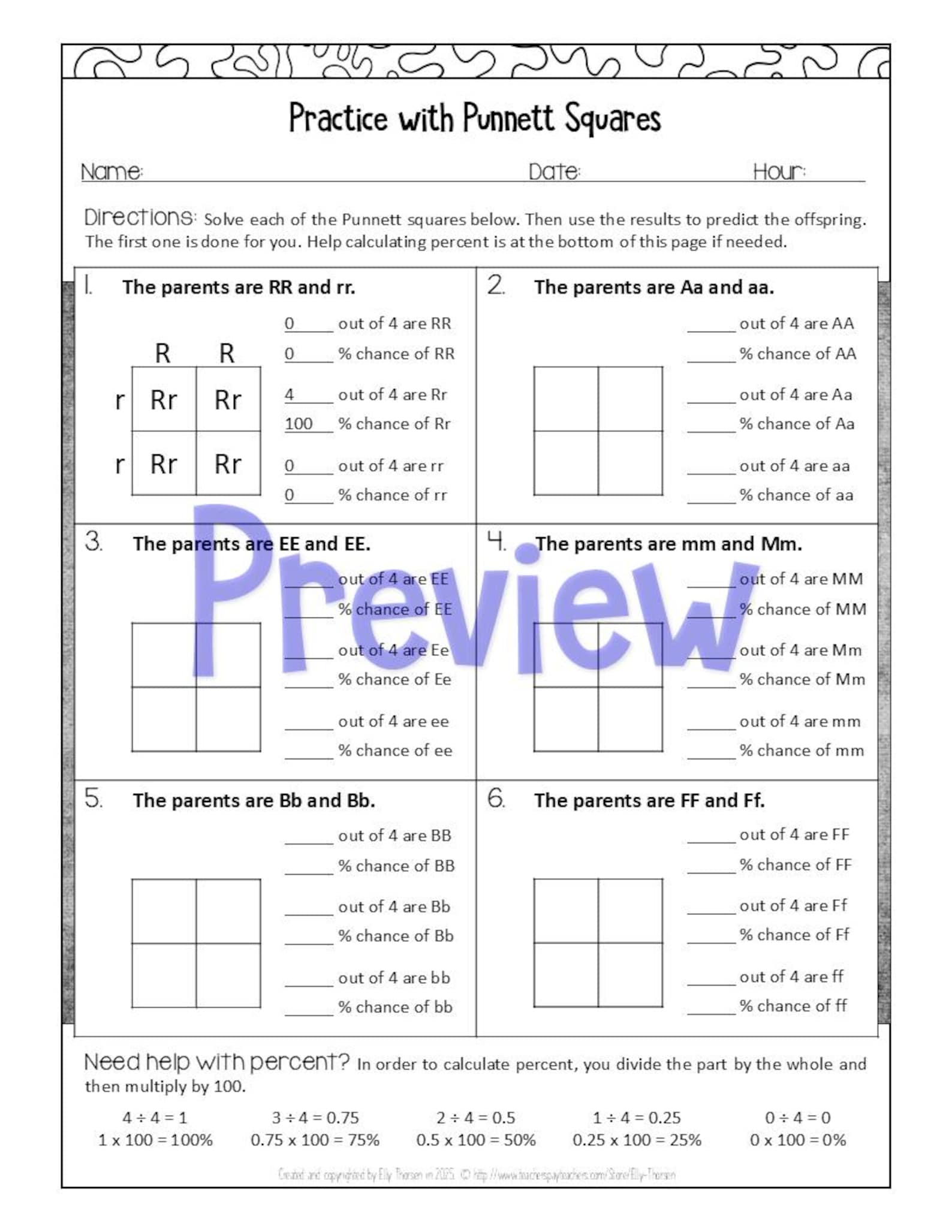 Introduction to Punnett Squares: Middle School Genetics Handouts and ...