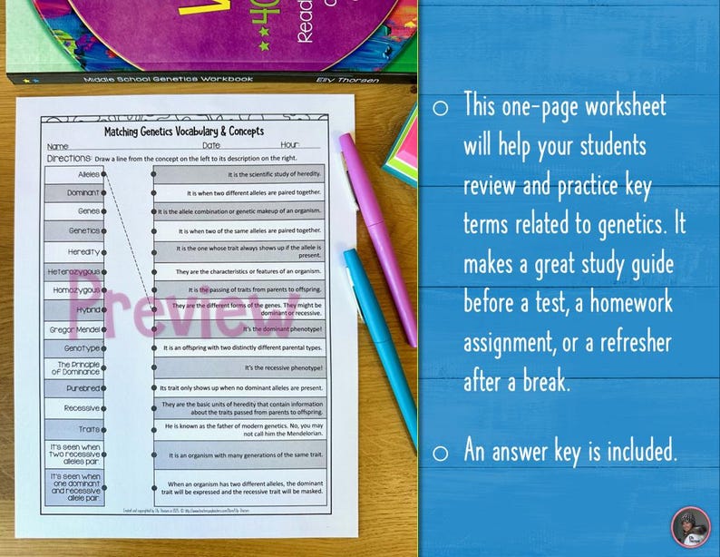 Genetics Matching Worksheet: Middle School Review of Definitions and ...