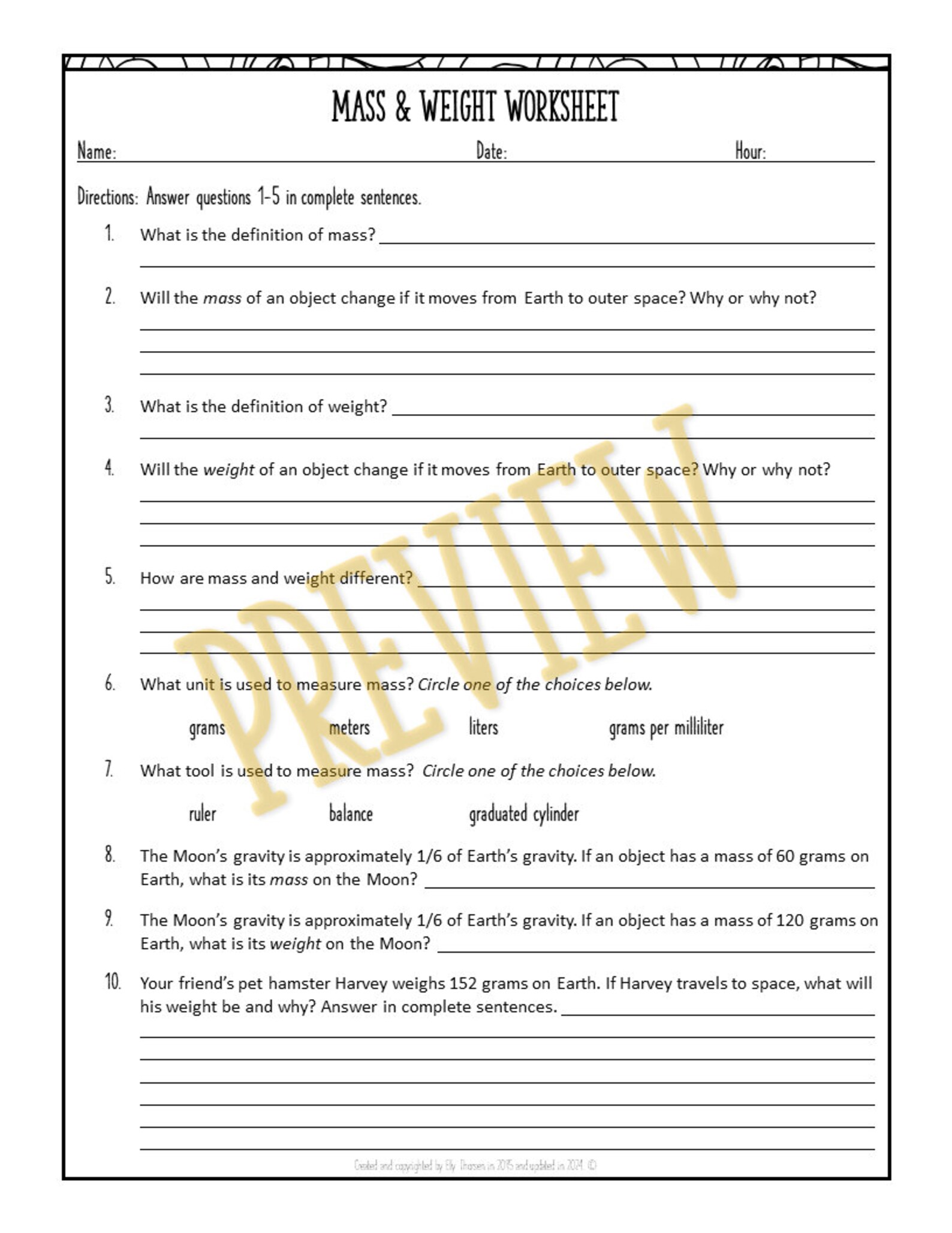 Mass and Weight Worksheet: Middle School Science Measurement - Etsy