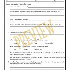 Mass and Weight Worksheet: Middle School Science Measurement - Etsy
