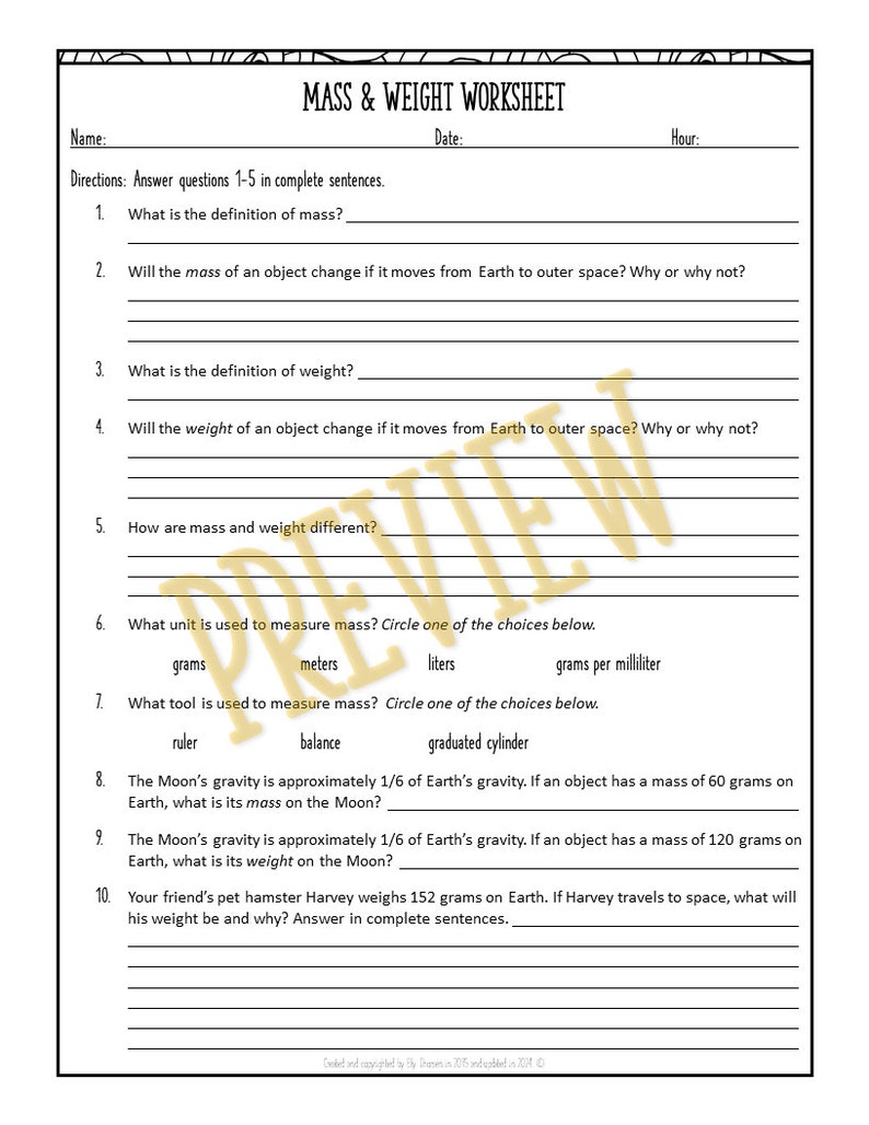Mass and Weight Worksheet: Middle School Science Measurement - Etsy