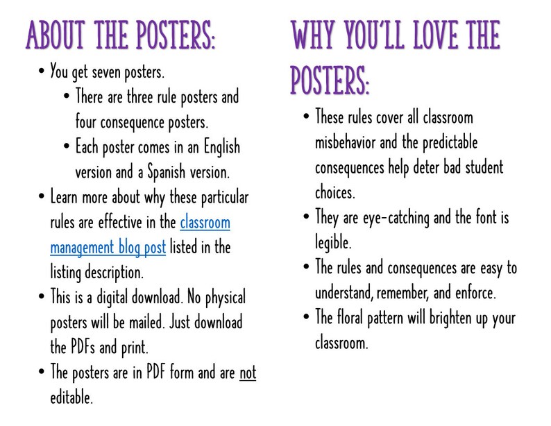 Classroom Management Class Rules & Consequences Posters: Floral Theme ...