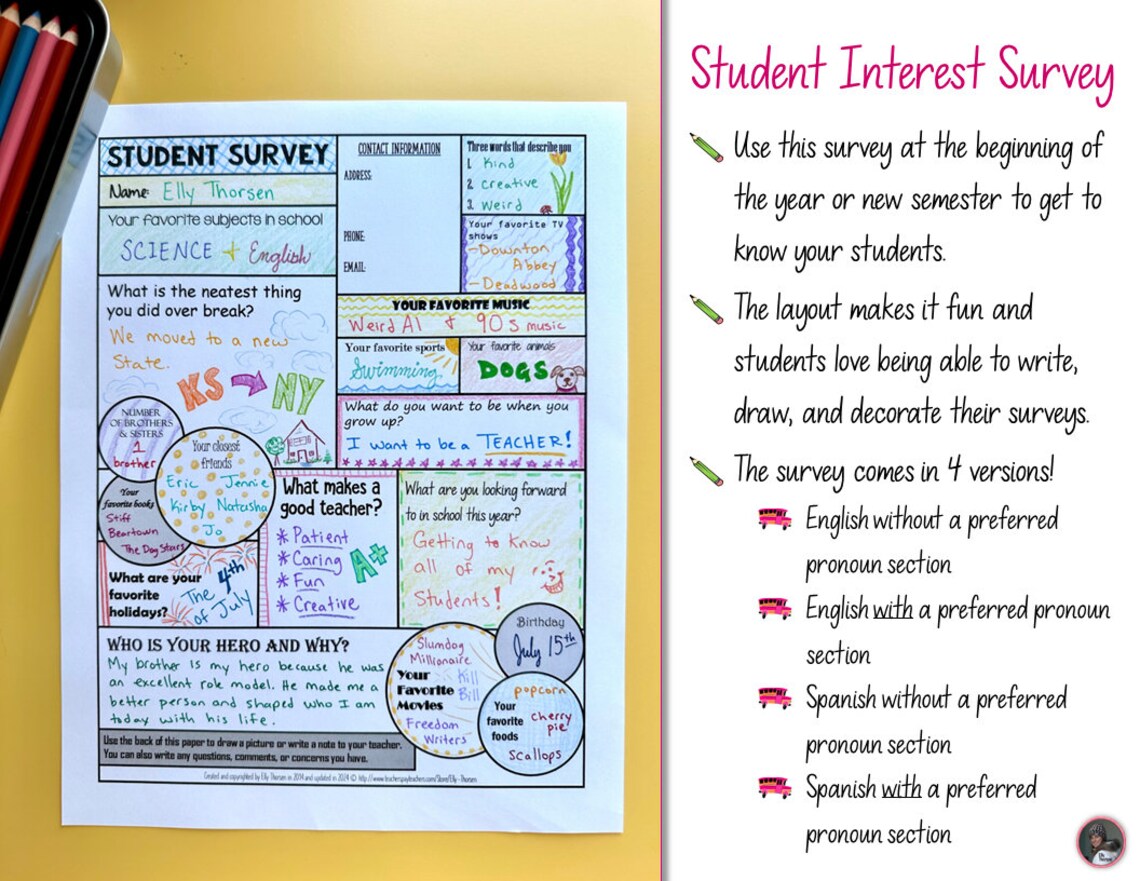 Beginning of the Year Student Interest Survey in English and Spanish ...