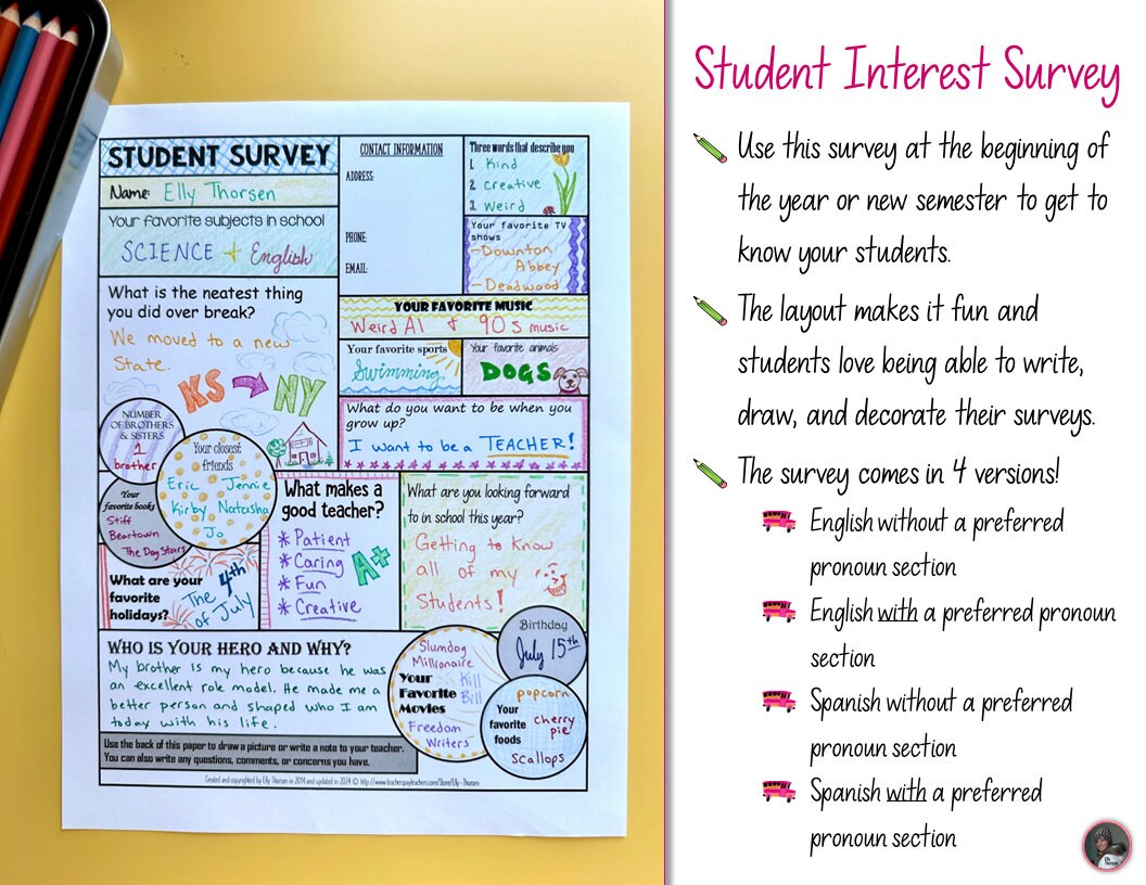 Beginning of the Year Student Interest Survey in English and Spanish ...
