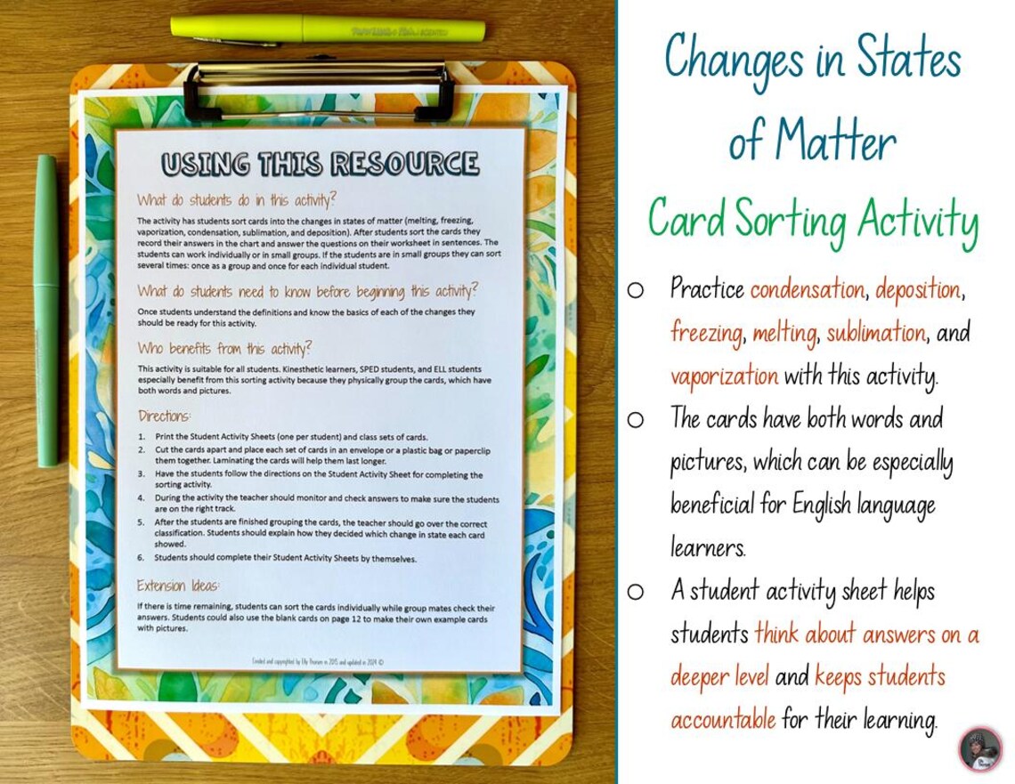 Changes in States of Matter Card Sorting Activity Phase Changes for ...