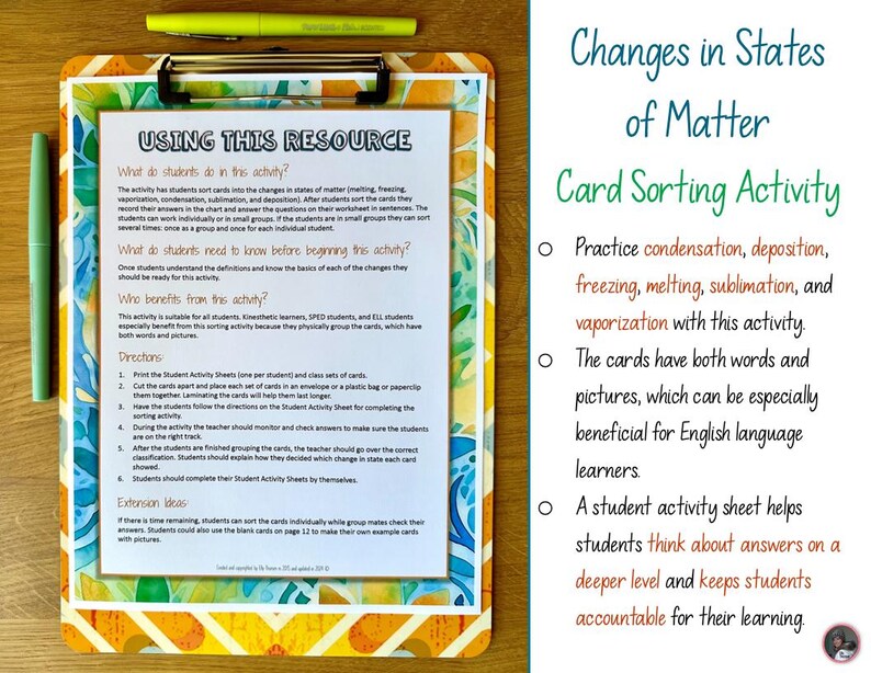 Changes in States of Matter Card Sorting Activity Phase Changes for ...