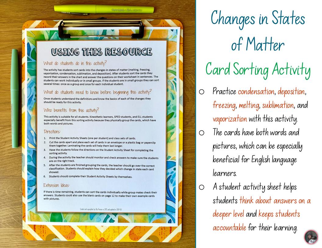 Changes in States of Matter Card Sorting Activity Phase Changes for ...