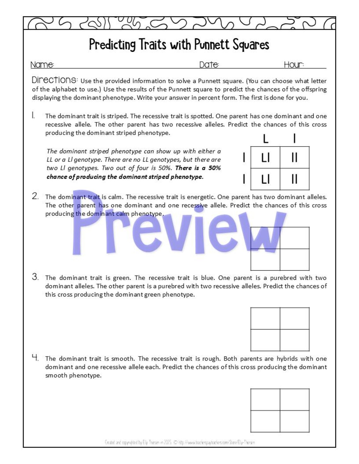 Introduction to Punnett Squares: Middle School Genetics Handouts and ...