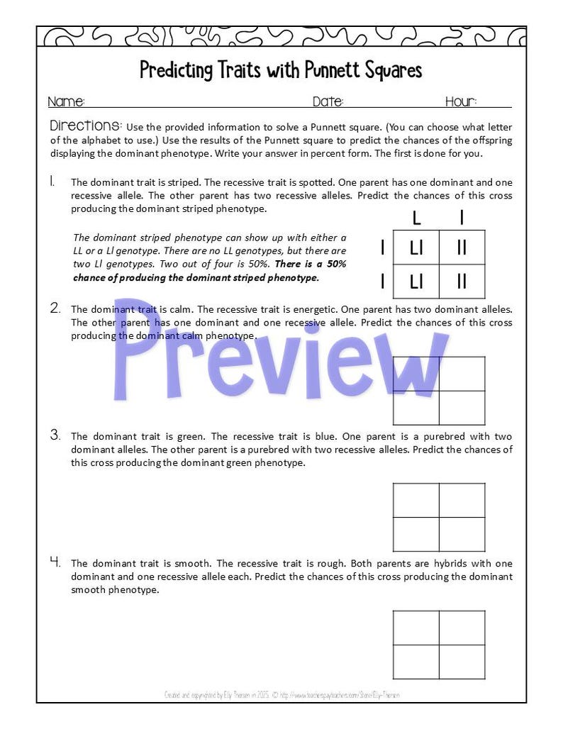 Introduction to Punnett Squares: Middle School Genetics Handouts and ...