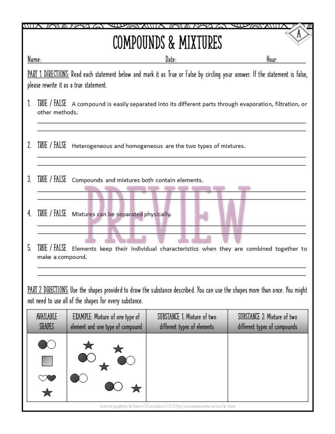 Compounds and Mixtures Practice Worksheet - Etsy