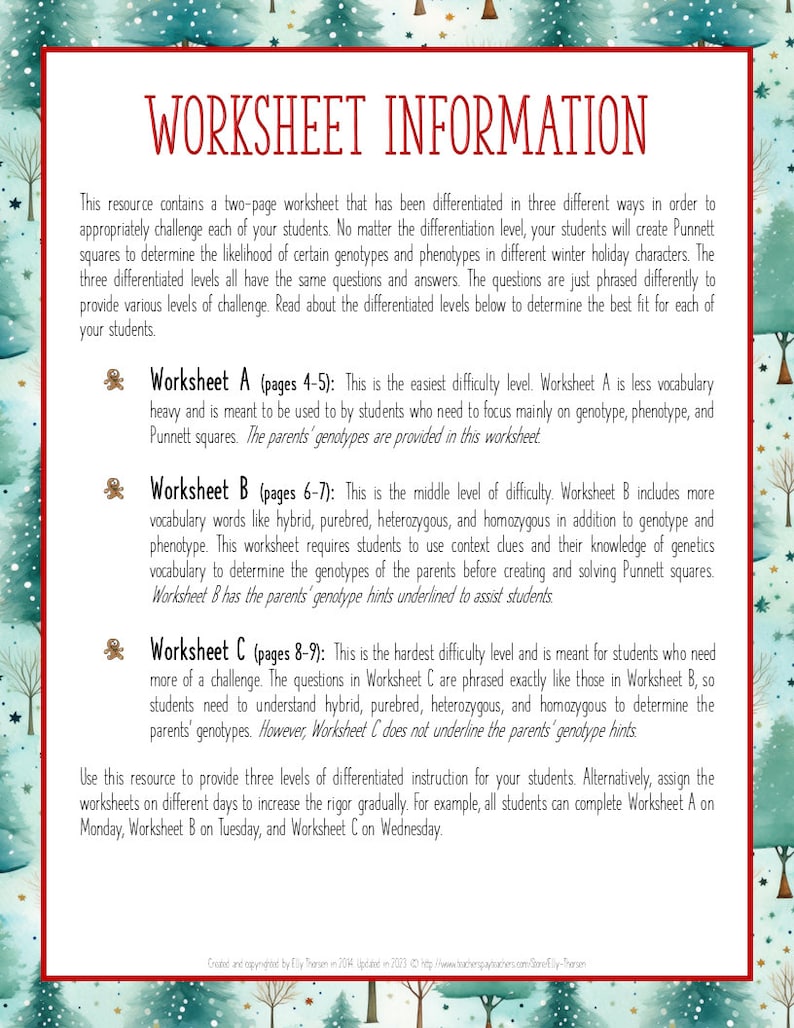 Christmas Winter Genetics Worksheet: Differentiated Punnett Square ...