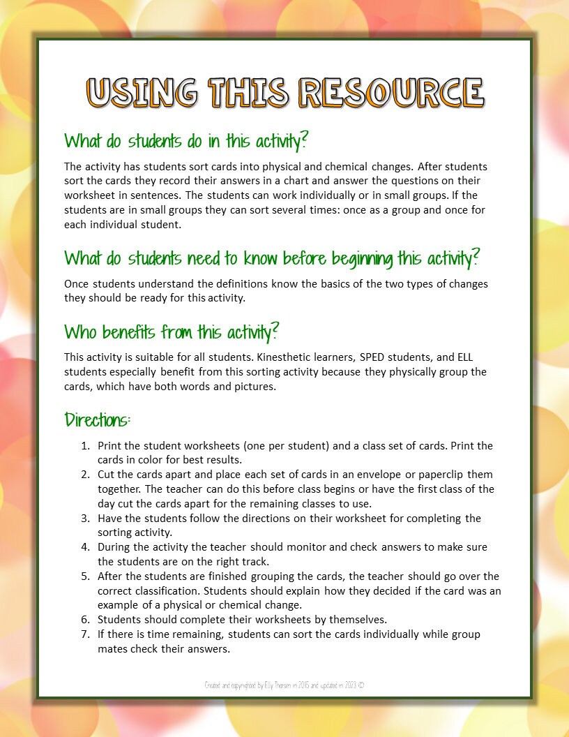 Physical and Chemical Changes Card Sorting Activity - Etsy