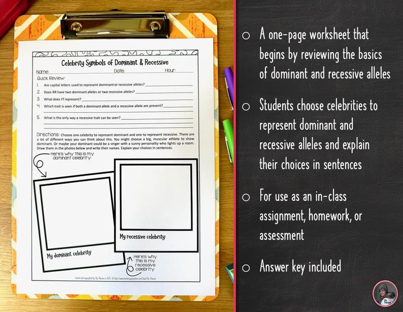 Dominant and Recessive Alleles Activity Worksheet for Middle School ...