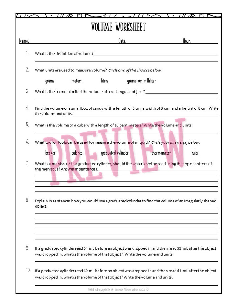 Volume Worksheet: Science Measurement Practice or Assessment - Etsy