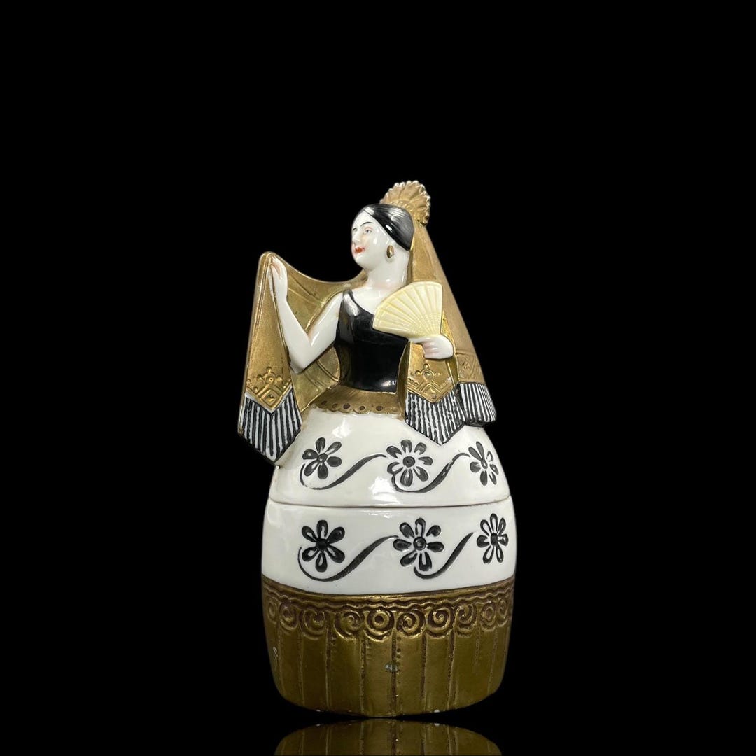 Porcelain German Half Doll Powder Box, Elegant Lady With Fan, Gold ...