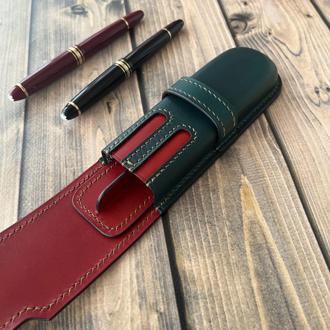 Dark Green Leather Double Pen Case, Wet Molded Pen Holder, Fountain Pen ...