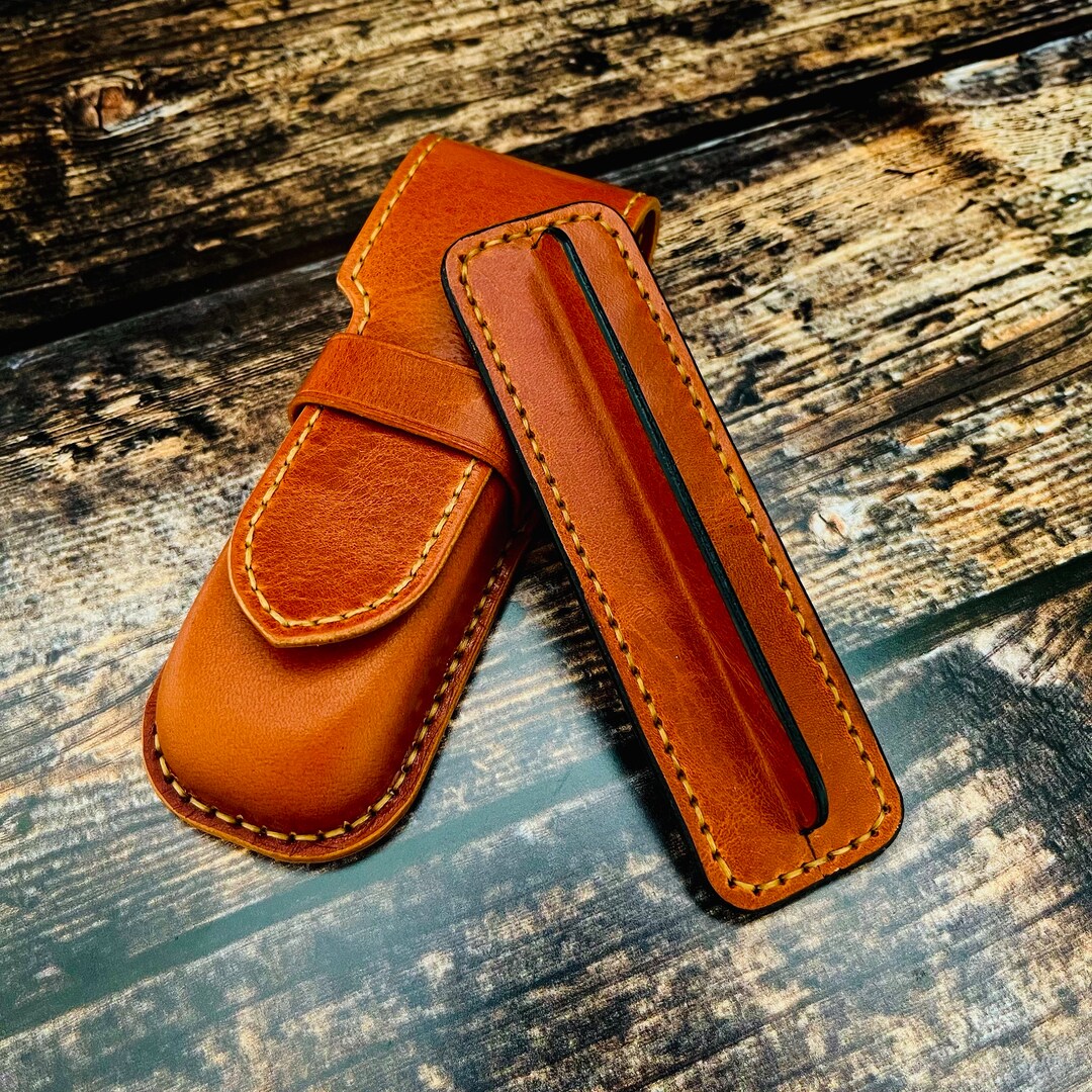 Pen Case, Cognac Brown Leather 2 Pen Case, Wet Molded Pen Holder ...