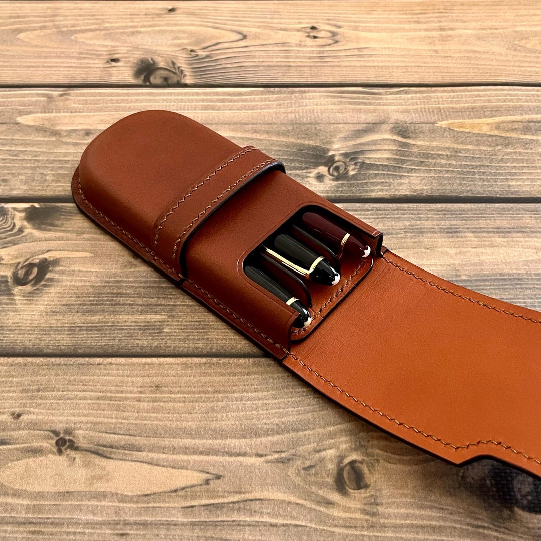 Cognac Pen Case, Brown Leather 3 Pen Case, Wet Molded Pen Holder ...